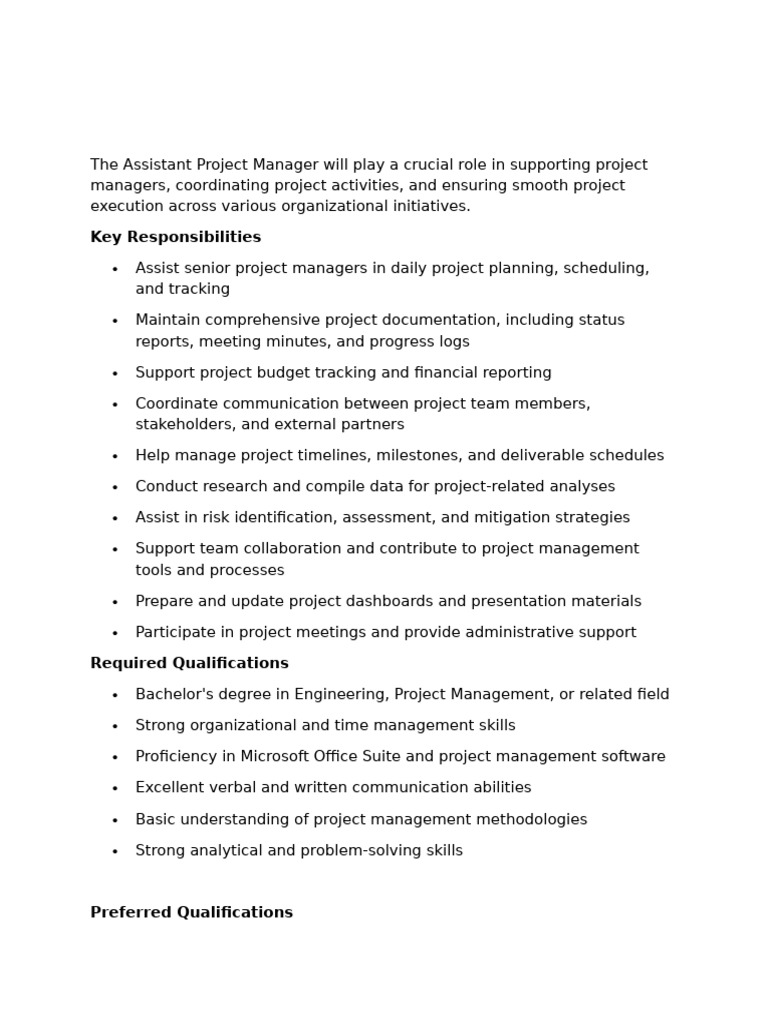 Assistant Project Manager Job Description | PDF