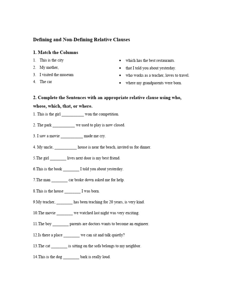 Defining and Non Defining Clauses Activities | PDF