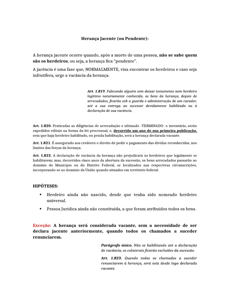 Diferenças entre Herança Jacente e Vacante | PDF | Sentença (jurídico ...