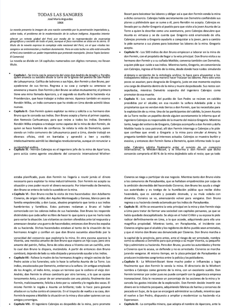 PDF Todas Las Sangres Resumen Por Capitulos Compress | PDF | Ficcion politica | Literatura en ...