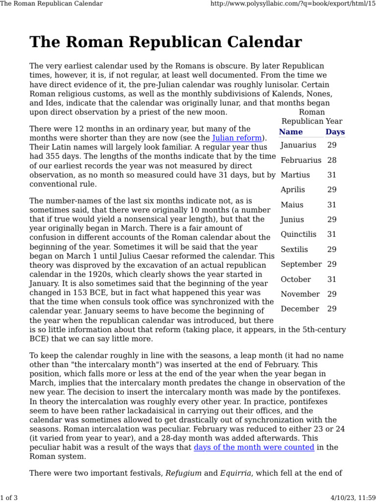 The Roman Republican Calendar | PDF | Calendar | Ancient Rome