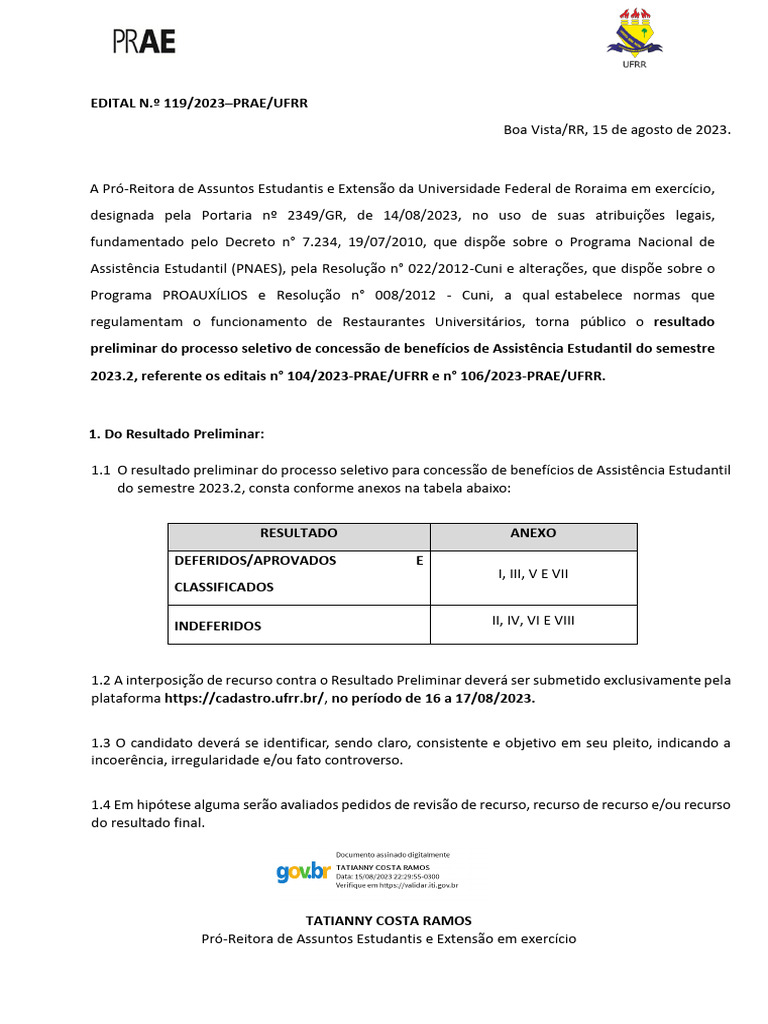 Edital N 119-2023-Prae-Ufrr-Resultado Preliminar Dos Auxilios Creche Moradia Refeicao e ...