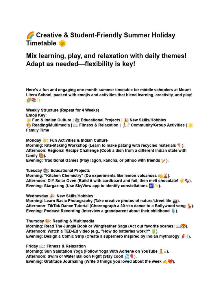 Summer Holiday Timetable For Students | PDF | Hobbies