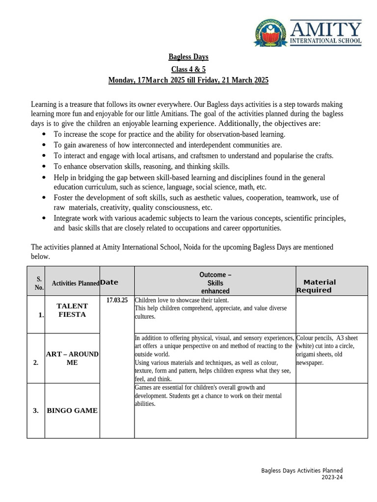 Bagless Days Activities - Class 4 & 5 | PDF | Experience | Creativity