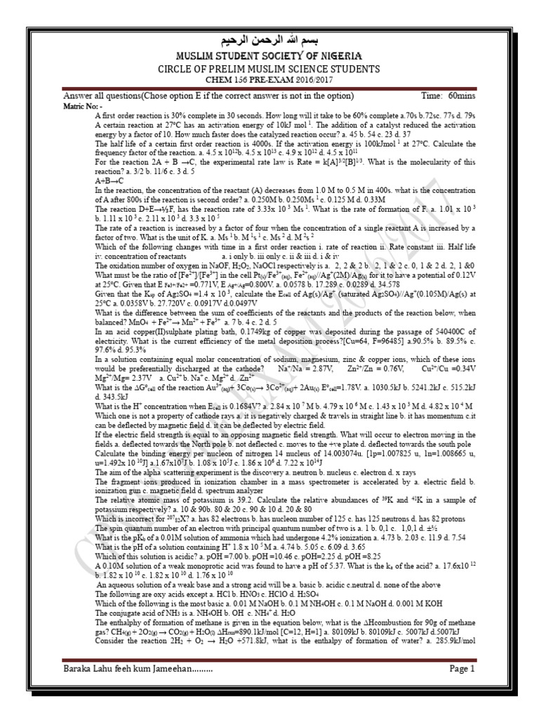 Copy of Cpmss Che 156 Pre-exam | PDF | Acid | Gases