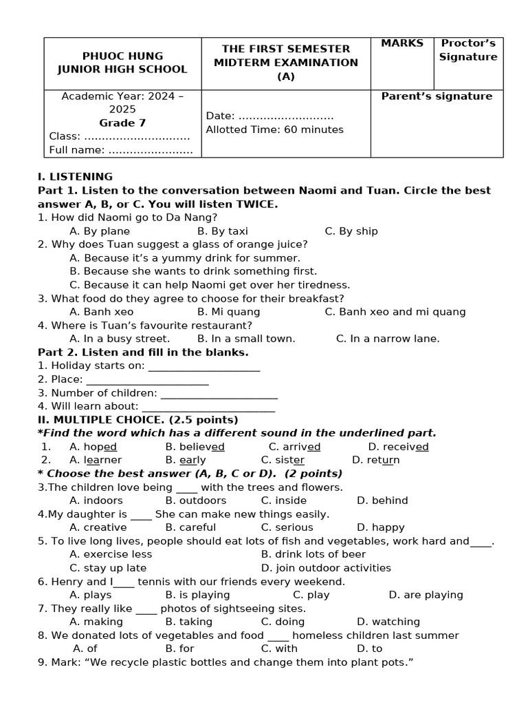 Grade 7 Midterm Exam: Listening & Reading | PDF | Hobbies | Vegetables