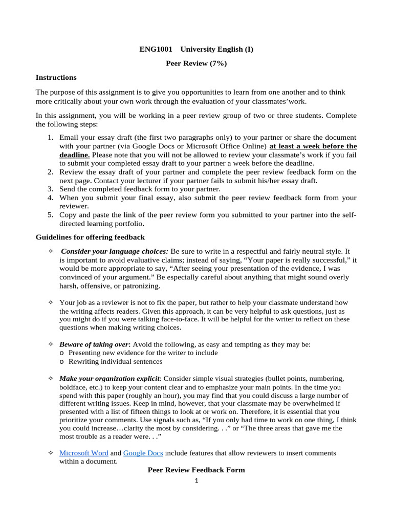 Essay Peer Review Instructions and Mark Descriptors | PDF | Sentence ...
