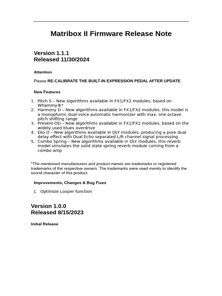 Matribox II Firmware Release Note | PDF