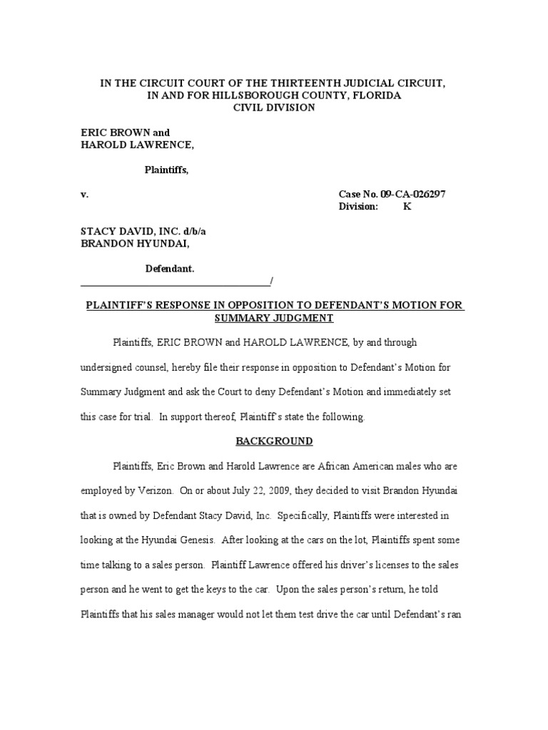 Response in Opposition to Summary Judgment | Summary Judgment ...