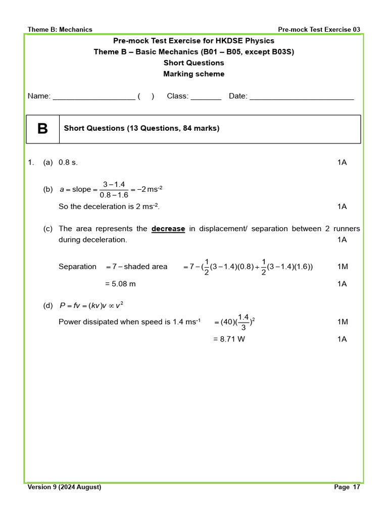 HKDSE Physics Mechanics Pre-mock Test | PDF | Force | Friction