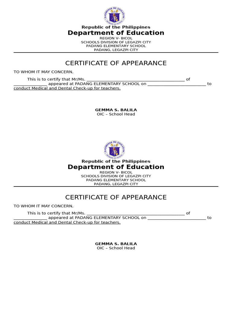 Certi of Appearance | PDF