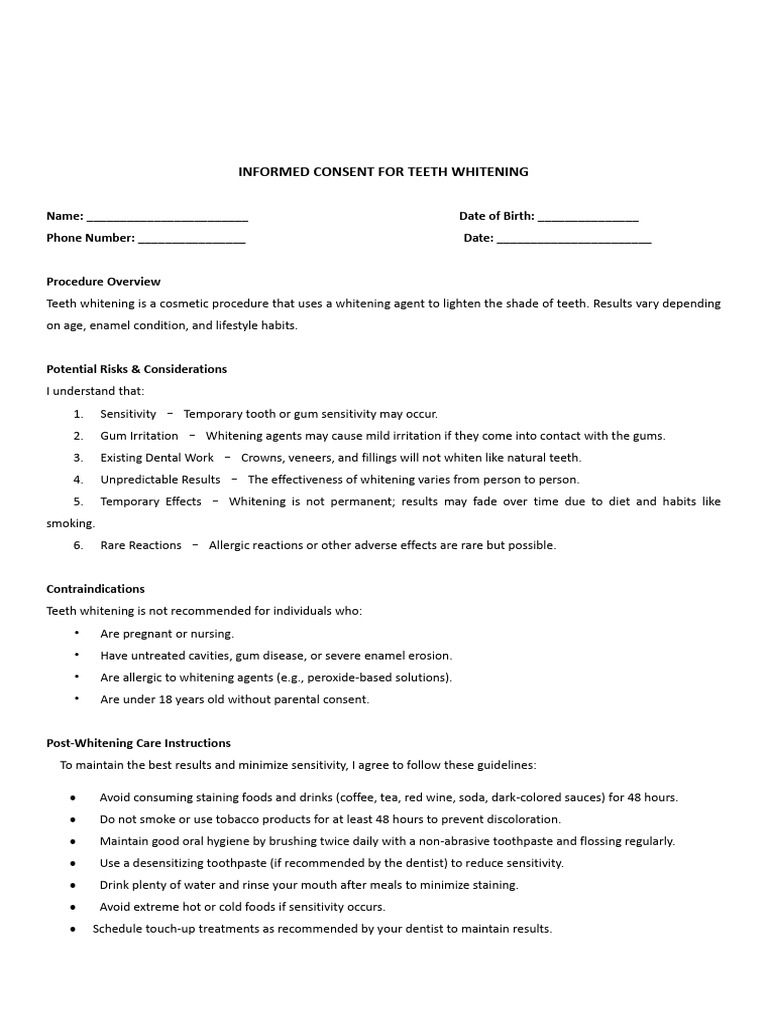 Teeth Whitening Informed Consent Form | PDF | Dentistry | Medical ...