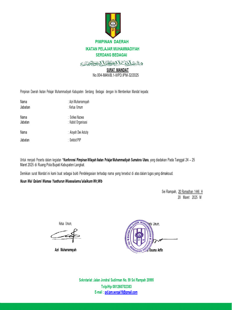 Surat Mandat Pimpinan Daerah IPM 2025 | PDF