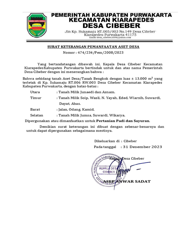 Surat Keterangan Pemanfaatan Aset Desa Cibeber | PDF