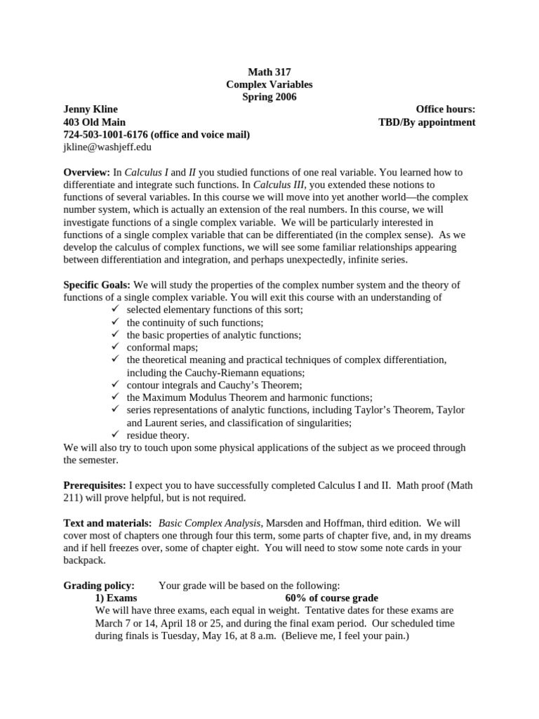 Complex syllabus spring 06 | PDF | Complex Analysis | Function (Mathematics)