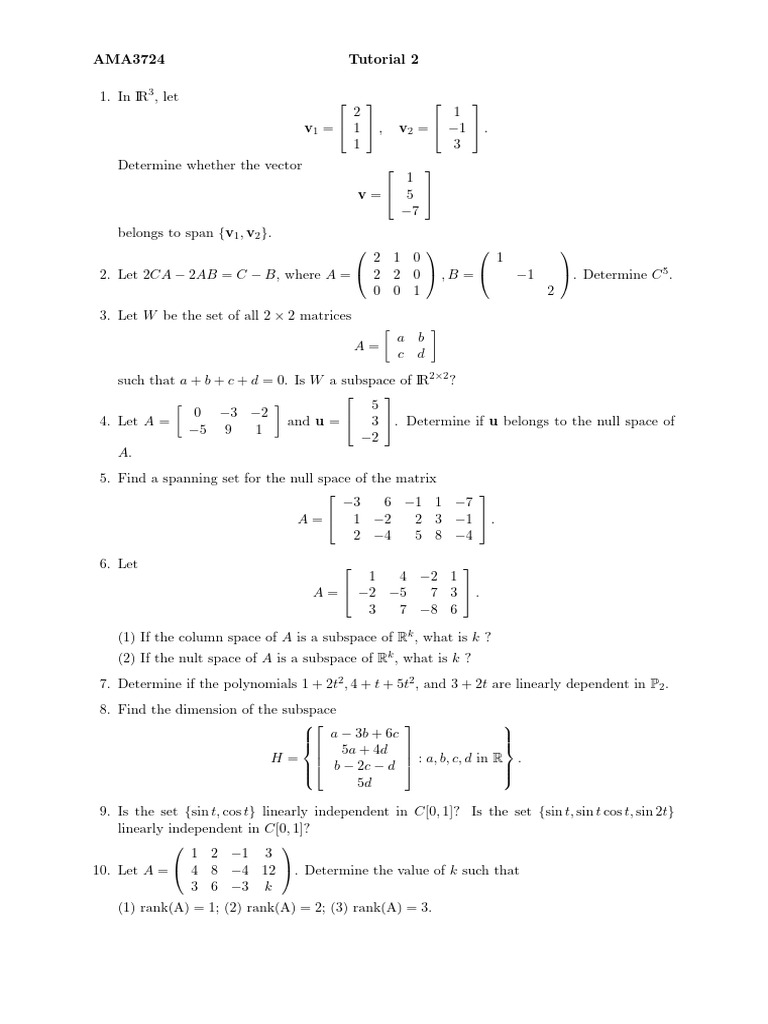 Tutorial 2 | PDF | Linear Subspace | Mathematical Physics