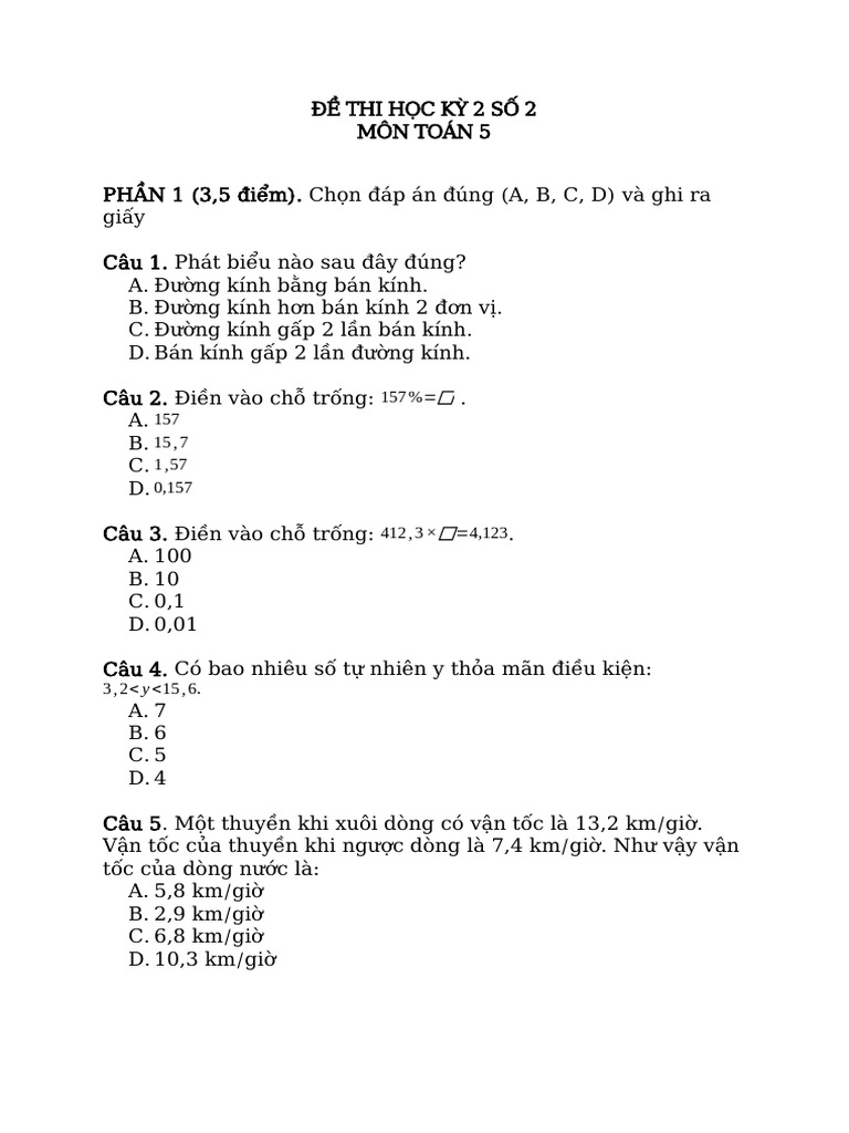 Đề toán 5 hk2 | PDF