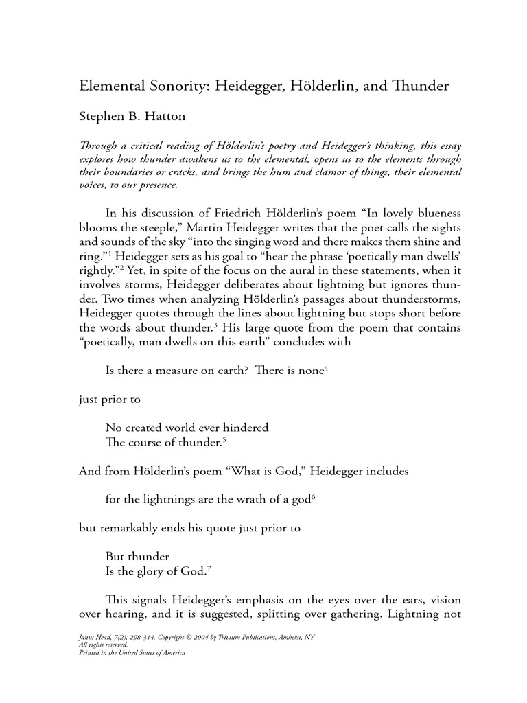 Elemental Sonority - Heidegger, Hölderlin, and Thunder | PDF | Sound | Thunder