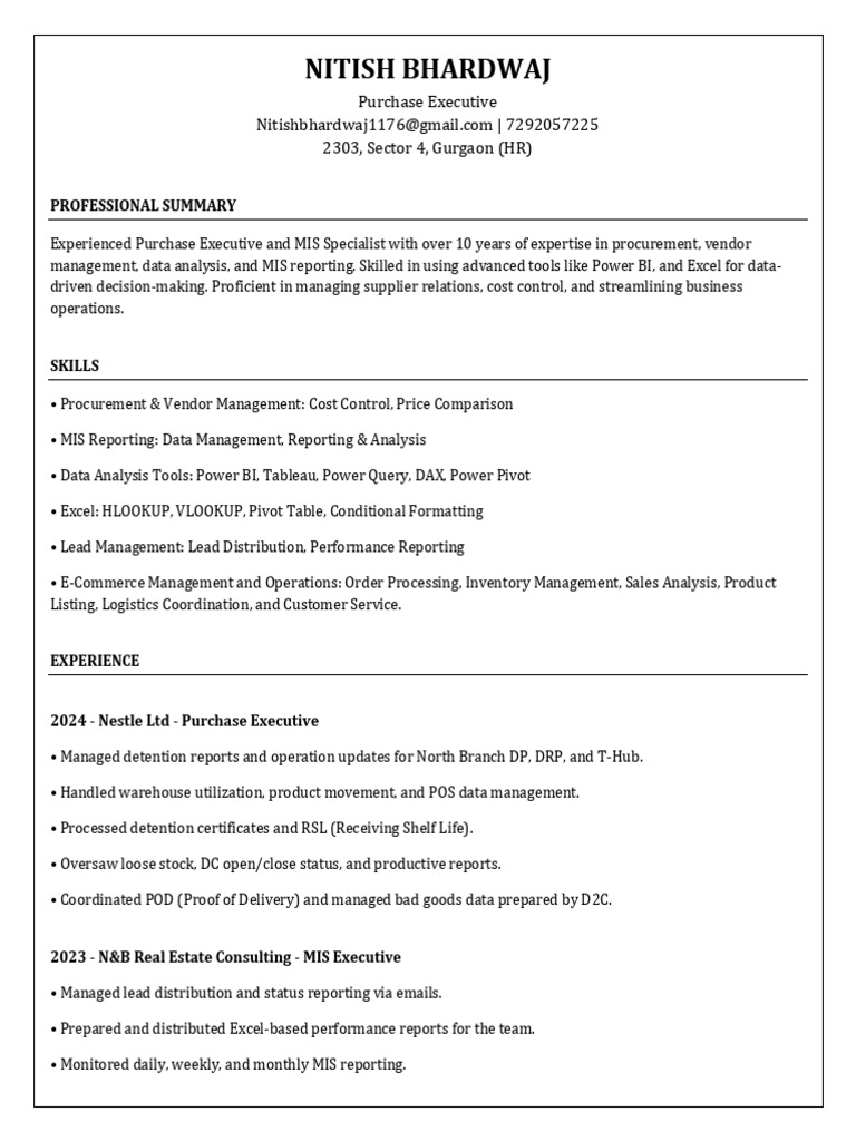 Nitish - Bhardwaj Purchase Executive | PDF | Business | Computing