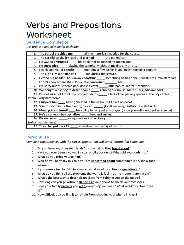 Verbs and Prepositions Worksheet Update | PDF | Linguistics | Syntax