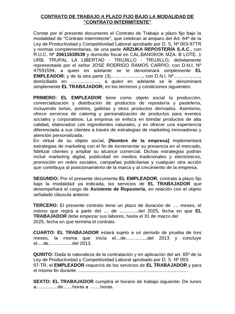 Contrato de Trabajo Intermitente | PDF | Derecho laboral | Marketing