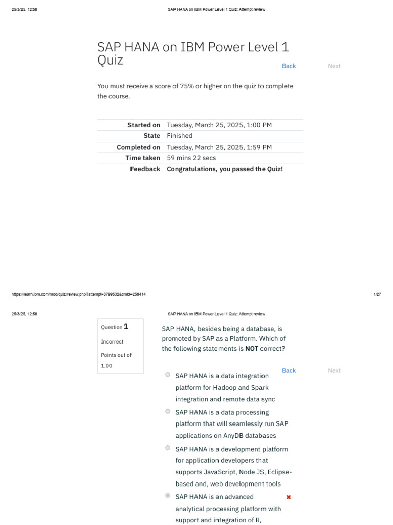 SAP HANA On IBM Power Level 1 Quiz - Attempt Review | PDF ...