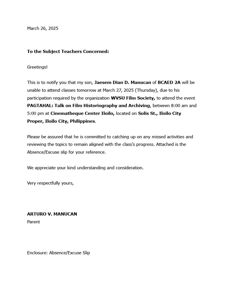 Student Absence Notification for Event | PDF