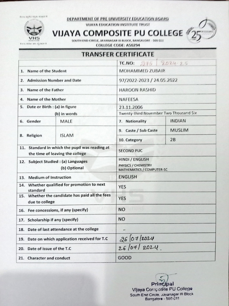 12th Transfer Certificate Details | PDF