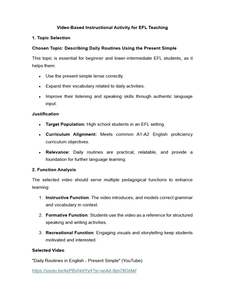 EFL Video Lesson: Daily Routines | PDF | Reading Comprehension ...