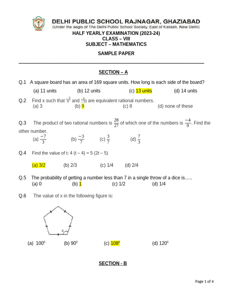 HALF YEARLY SAMPLE PAPER GRADE 8 Answer Key 1 | PDF | Mathematics | Applied Mathematics