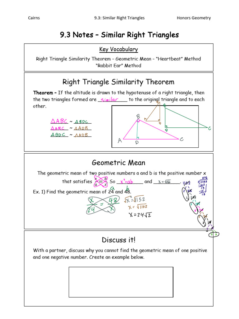 9.3 Similar Right Triangles Notes | PDF | Geometry | Mathematics