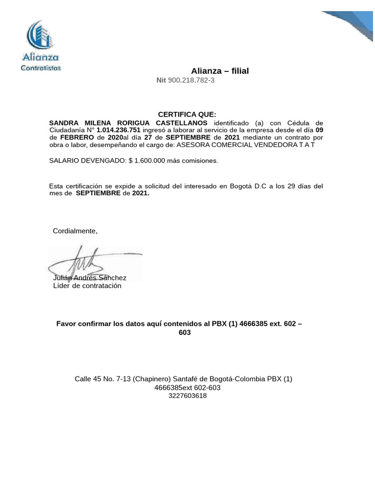 Certificado Sandra Forigua | PDF