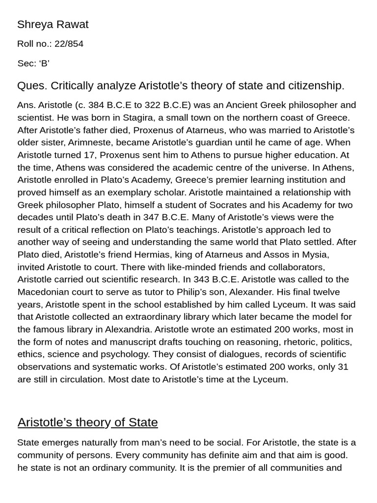 Aristotle's Theory of State and Citizenship | PDF | Citizenship | Aristotle
