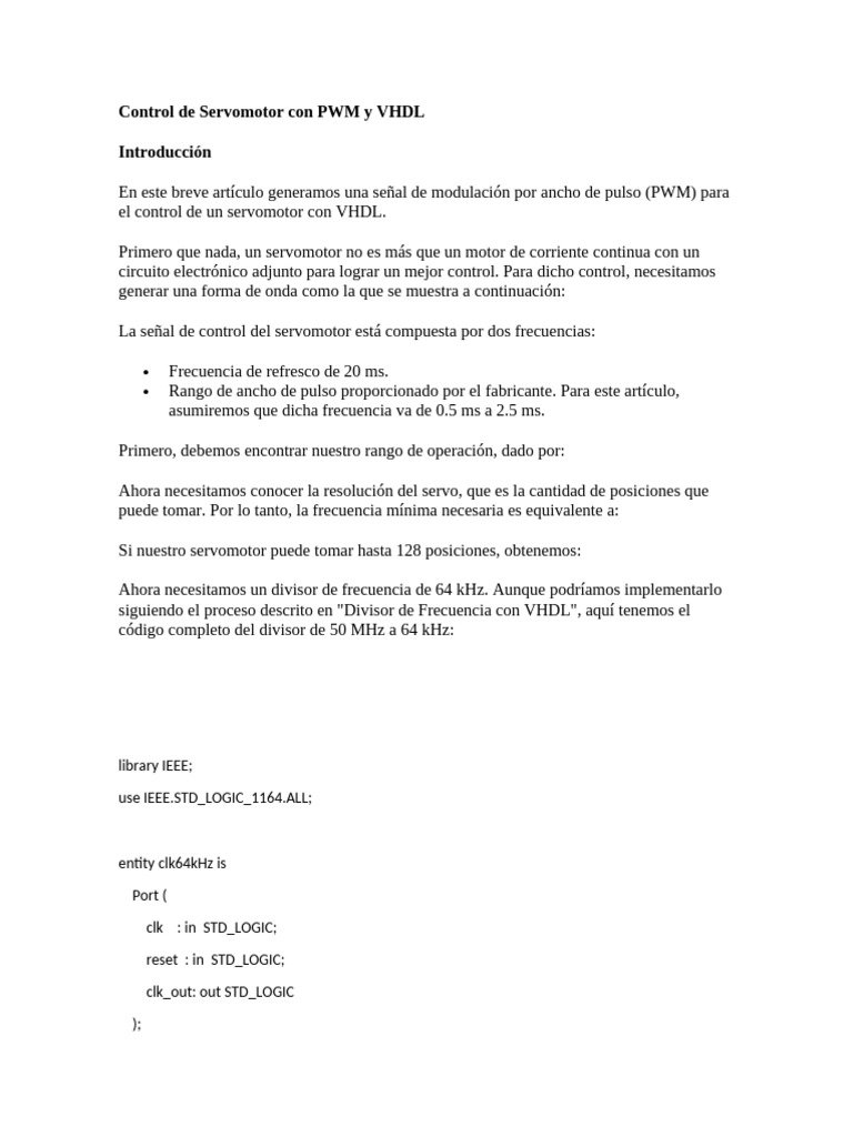 Control de Servomotor Con PWM y VHDL | PDF | Vhdl | Electricidad