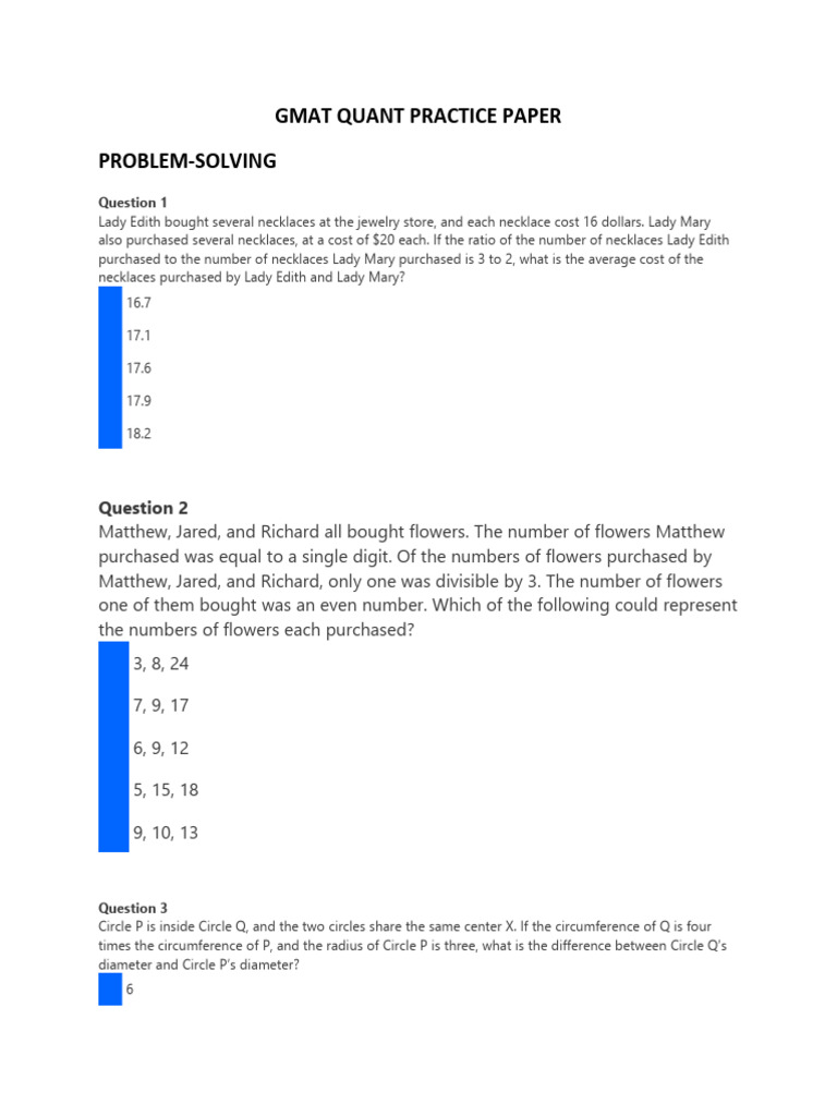 GMAT Quantitative Practice Questions | PDF | Circle | Revenue