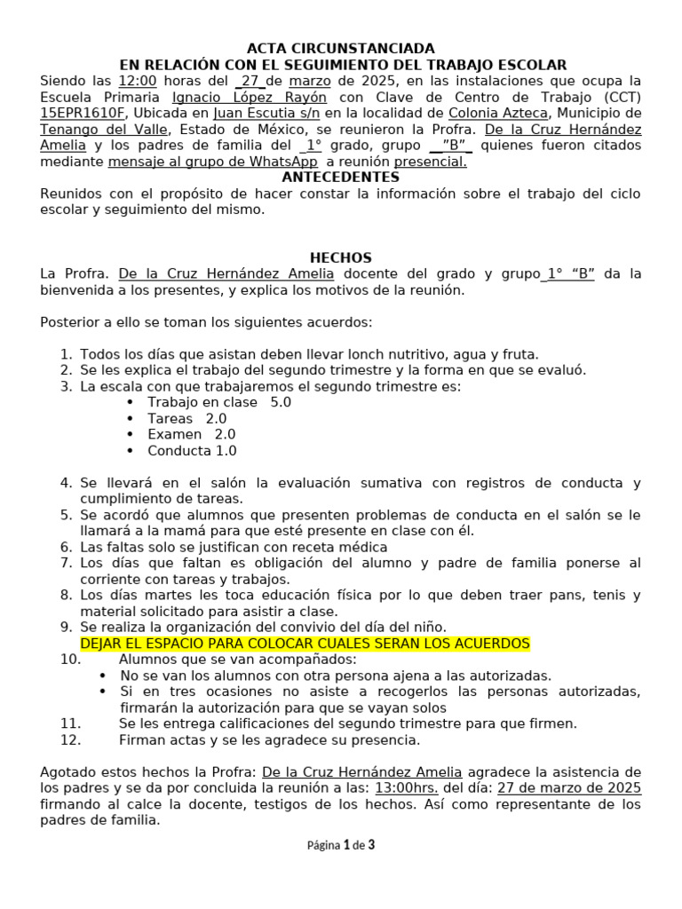 Acta Junta Segundo Trimestre 1B | PDF