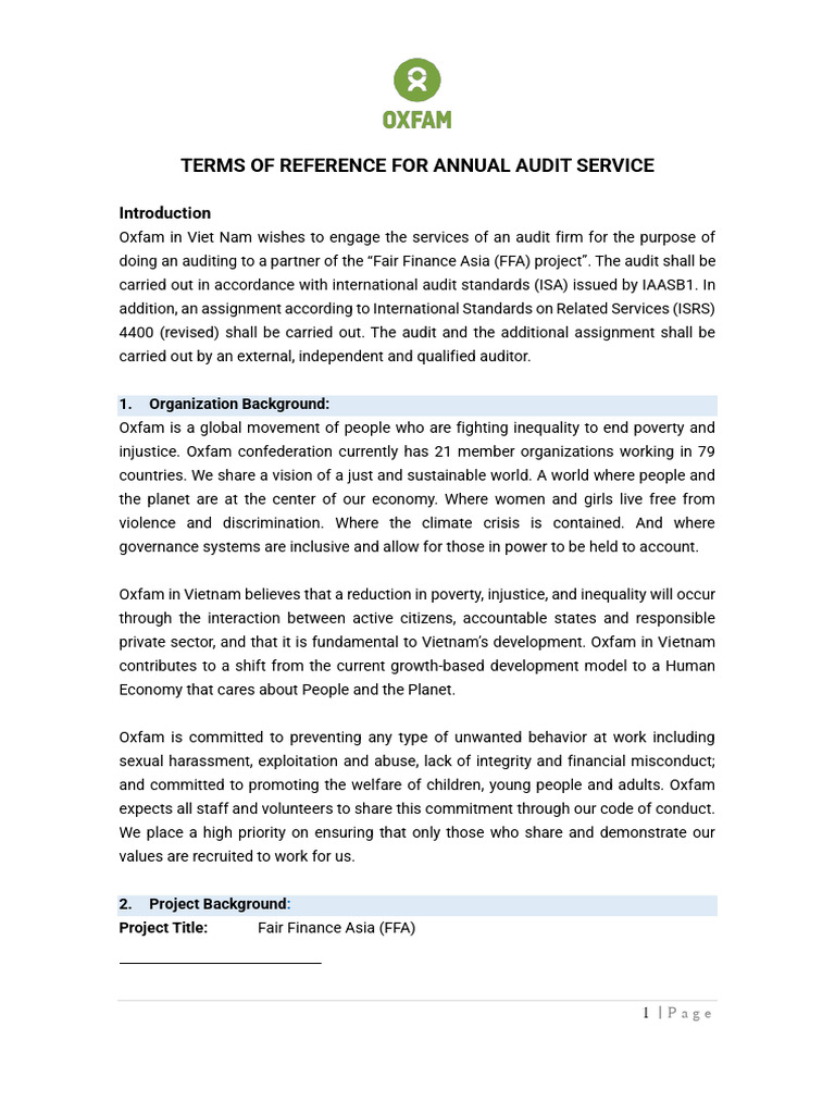 ToR For Fair Finance Asia Audit - VN - 27.11.2024 | PDF | Audit | Oxfam