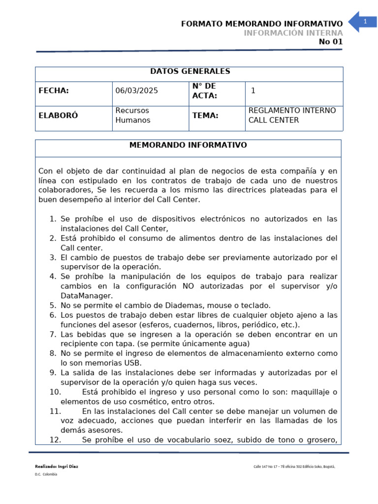 ACTA DE MEMORANDO INFORMATIVO - reglamento interno | PDF | Centro de ...