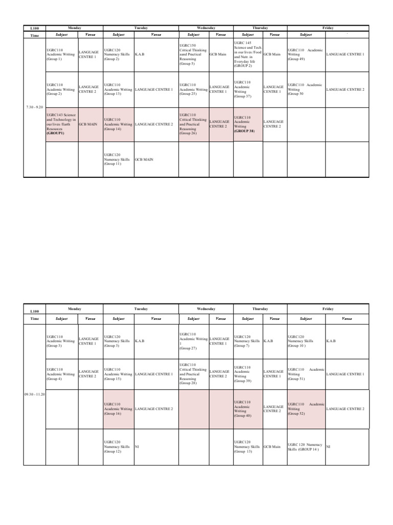 L100 - Ugrc - Timetable - 2019-2020 - First - Sem | PDF | Behavior Modification | Science