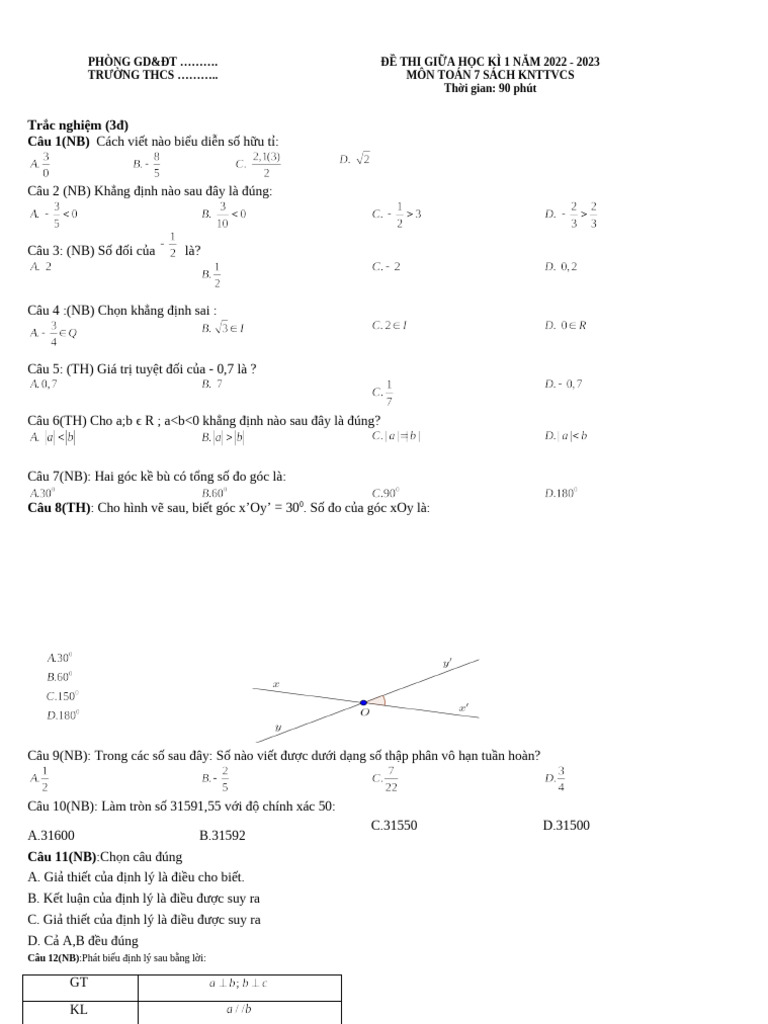 De Thi GHK 1 Toan 7 KNTT de 2 | PDF