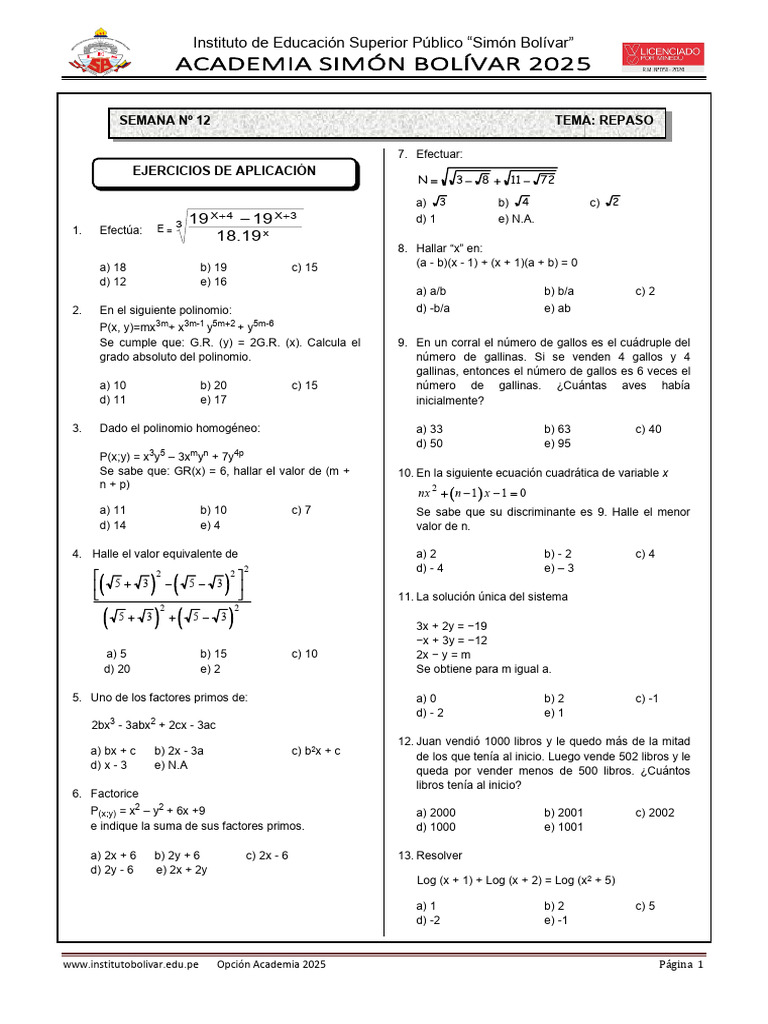 Semana 12 - Algebra - Repaso | PDF | Análisis matemático | Álgebra