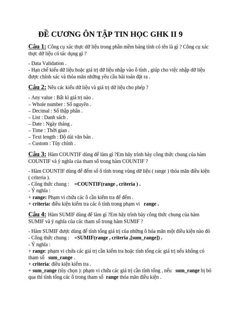 Đề Cương Ôn Tập Tin Học GHK Ii 9 | PDF