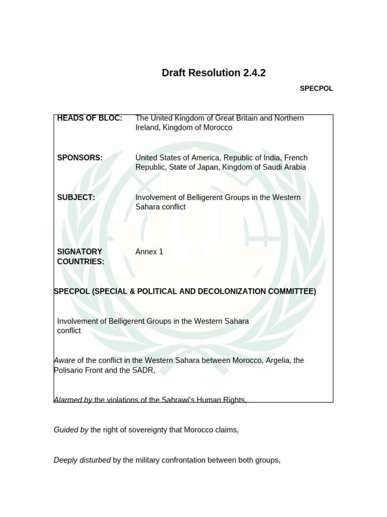 CCBMUN Draft Resolution Template 2 | PDF | Western Sahara | International Relations