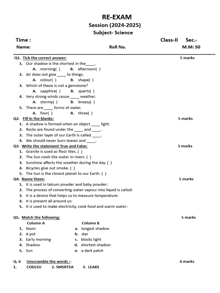 Class II Science Re-Exam 2024-2025 | PDF | Earth Sciences