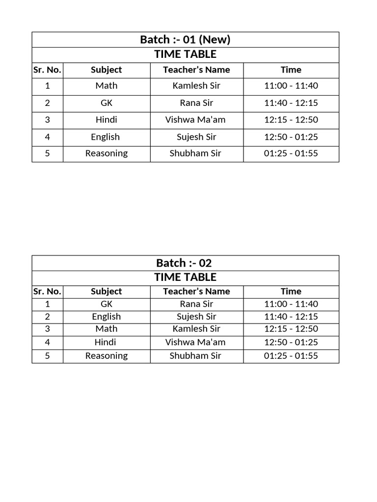 Batch 01 & 02 Class Timetable | PDF