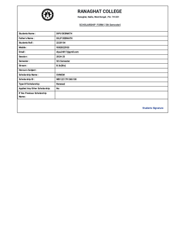 5th Semester Scholarship Form - SVMCM | PDF