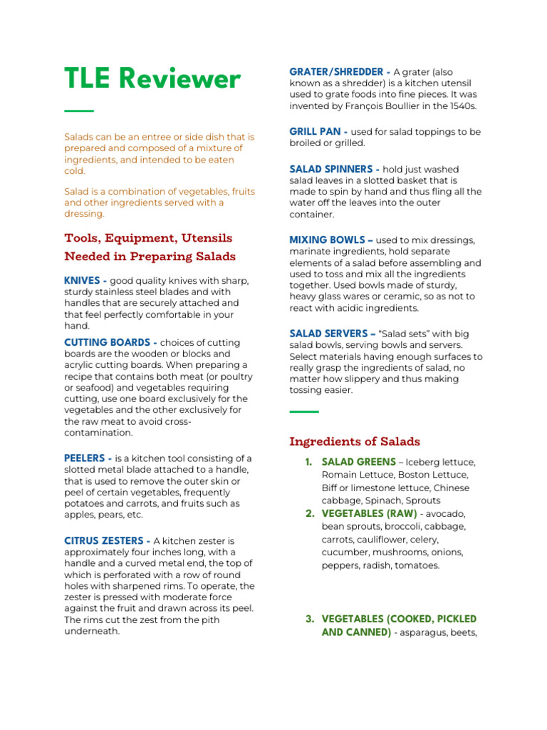 Hele / Tle Reviewer 2nd Quarter Grade 9 | PDF | Salad | Mayonnaise