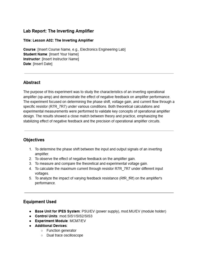 Inverting Amplifier Lab Report | PDF | Amplifier | Operational Amplifier