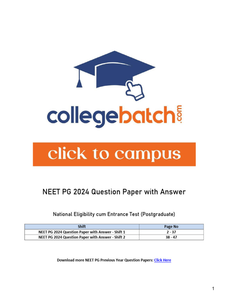 NEET PG 2024 Question Paper & Answers | PDF | Medical Specialties