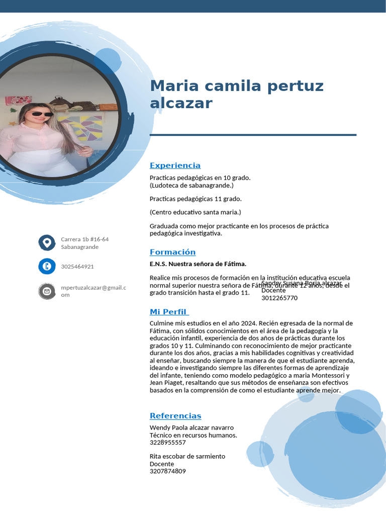 Maria Camila Pertuz Alcazar Hoja de Vida | PDF | Pedagogía | Maestros